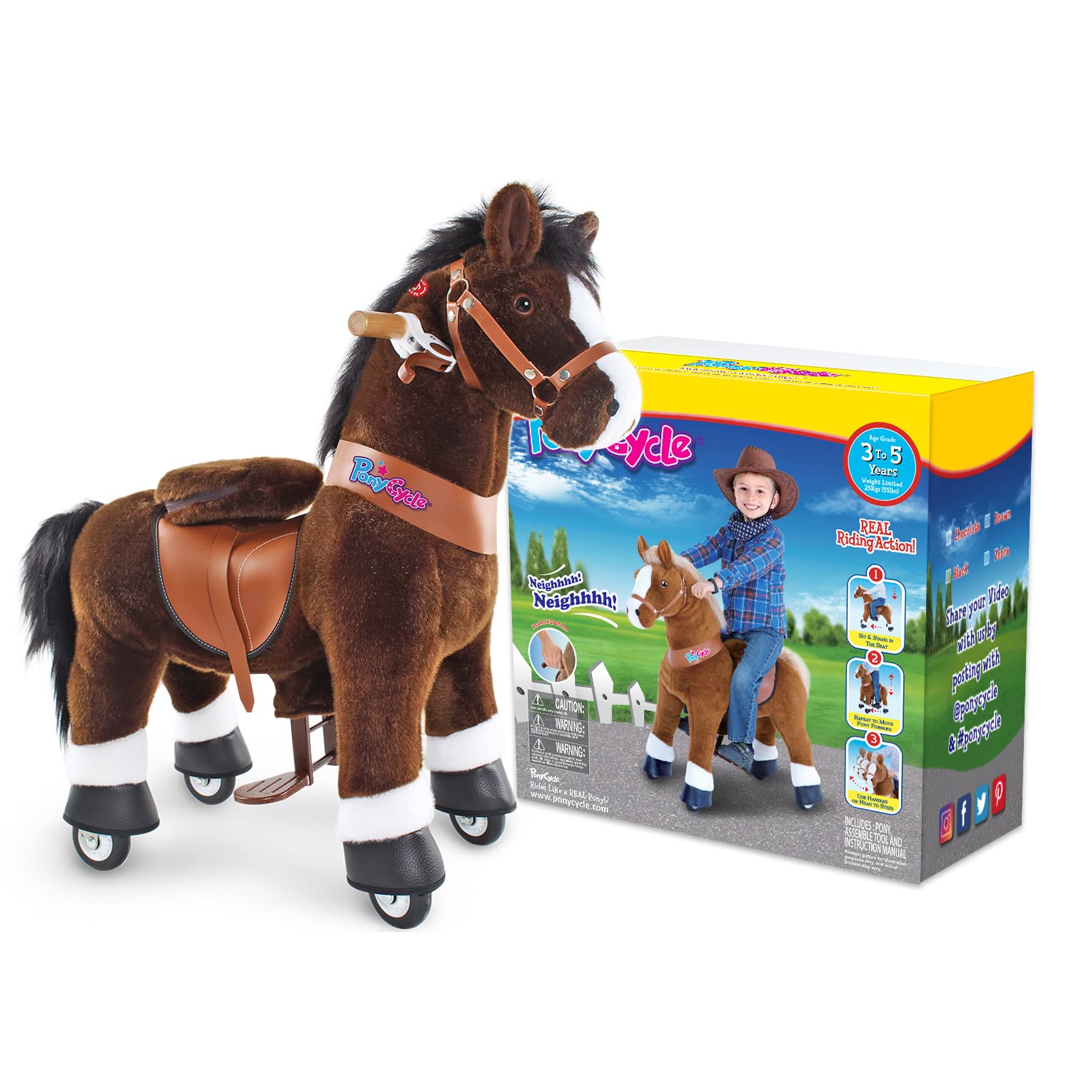 PonyCycle Ride on Horse Toy for Toddlers Classic Model U (with Brake/ 30" Height/Size 3 for Age 3-5) Riding Horse Toy Chocolate Brown Ux321