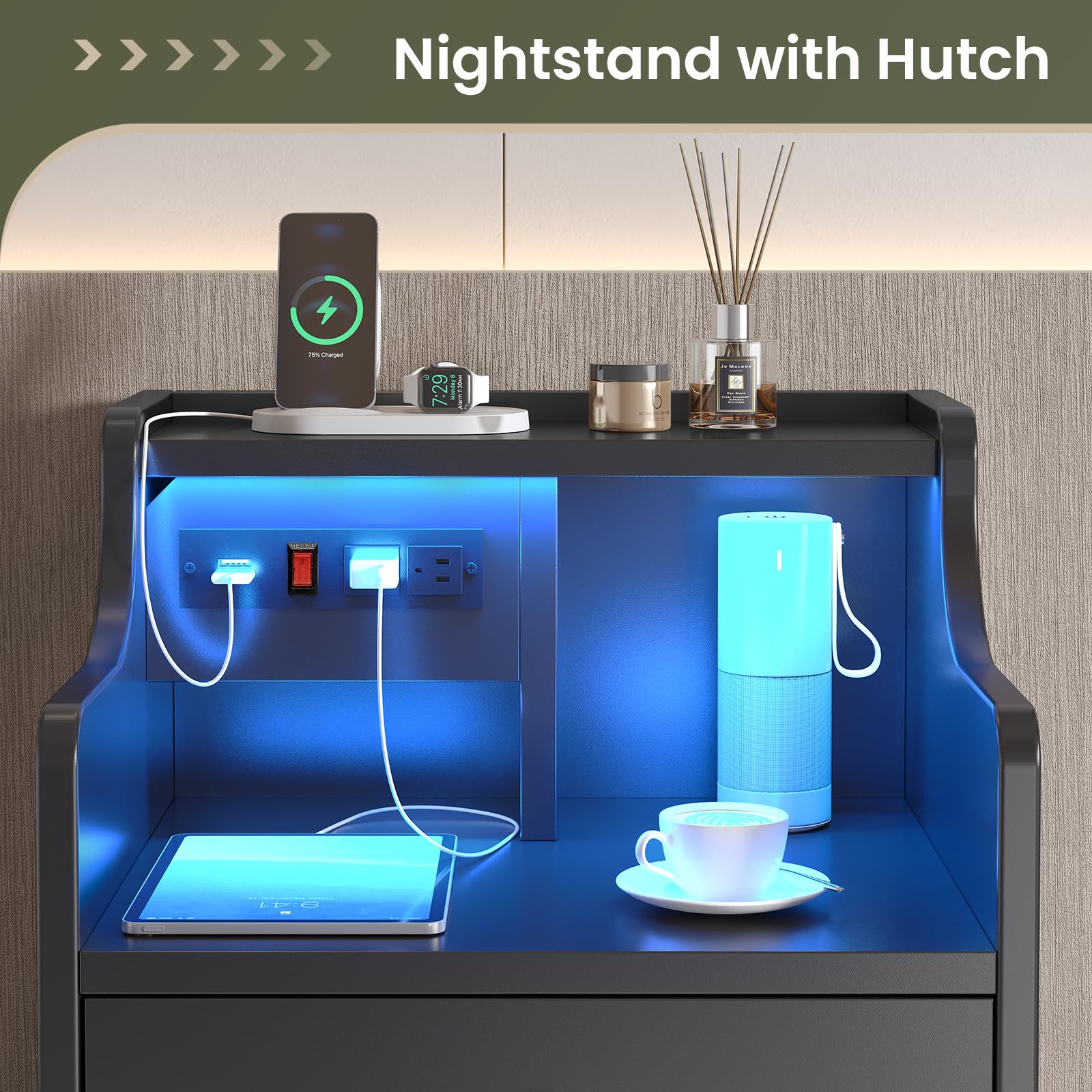 BTHFST Nightstand with Charging Station and LED Lights,Night Stand with Hutch,Bedside Table with Drawers,Modern End Side Table for Bedroom,Black