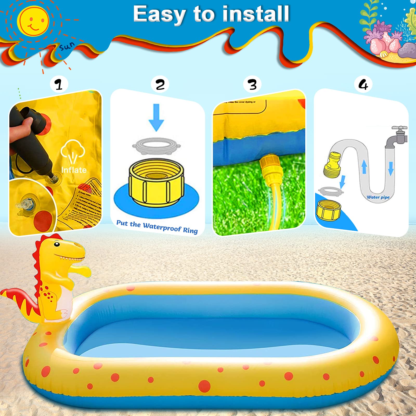 LQTTEK Inflatable Sprinkler Pool for Kids, Cute Dinosaur Kiddie Pool, 3-in-1 Backyard Splash Pad Swimming Outdoor Water Toys for Toddlers