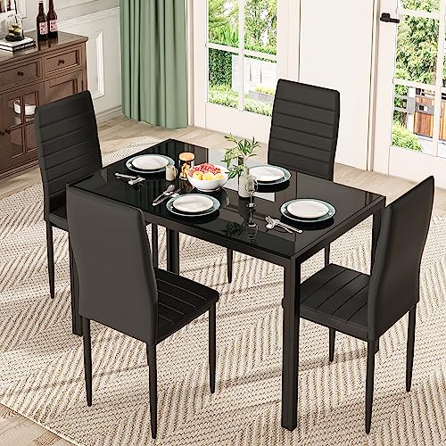 AWQM 5 Piece Kitchen Table Set,Dining Table Set for 4,Tempered Glass Table Top and 4 Faux Leather Chairs,for Dining Room,Kitchen,Apartment,Small Space,Black