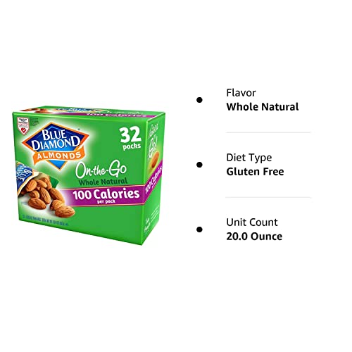 Blue Diamond Almonds Whole Natural Raw Snack Nuts, 100 Calorie Travel Bags, 32 count