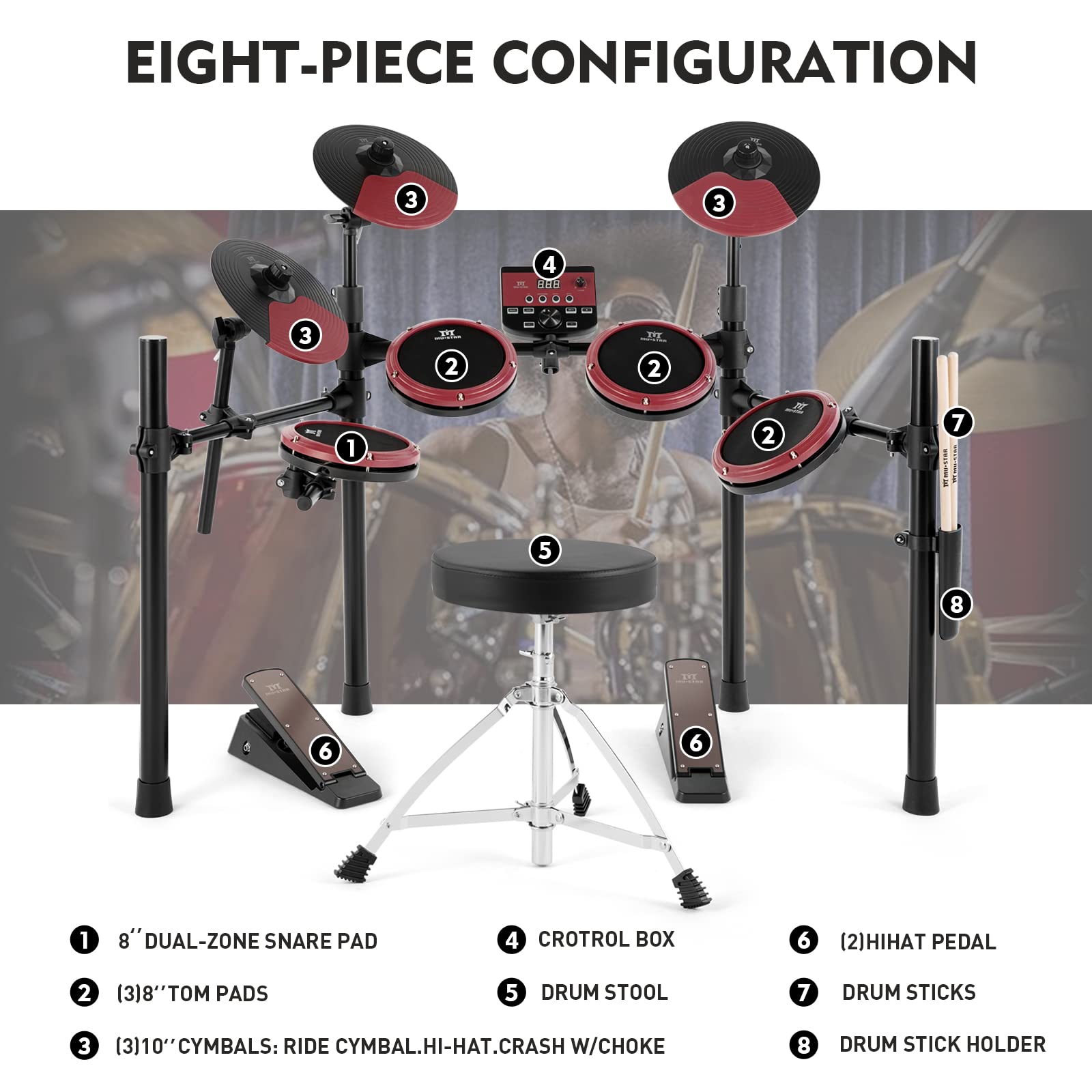MUSTAR Electronic Drum Set, 10 Piece Electric Drum Set with 225 Sounds, 8" Dual Zone Snare, 8" Silicone Tom Pads, 10" Cymbals, Kick Drum, 2 Pedals, Sticks, USB MIDI, 15 Drum Kits (5 Pads, 3 Cymbals)