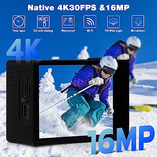 HiDectee Action Camera 4K 30FPS Sports Camera, 170° Wide-Angle 30M Waterproof Underwater Camera with 2.4G Remote Control, Built-in WiFi, 2 Batteries, 32G SD Card and Helmet Mount Accessories Kits