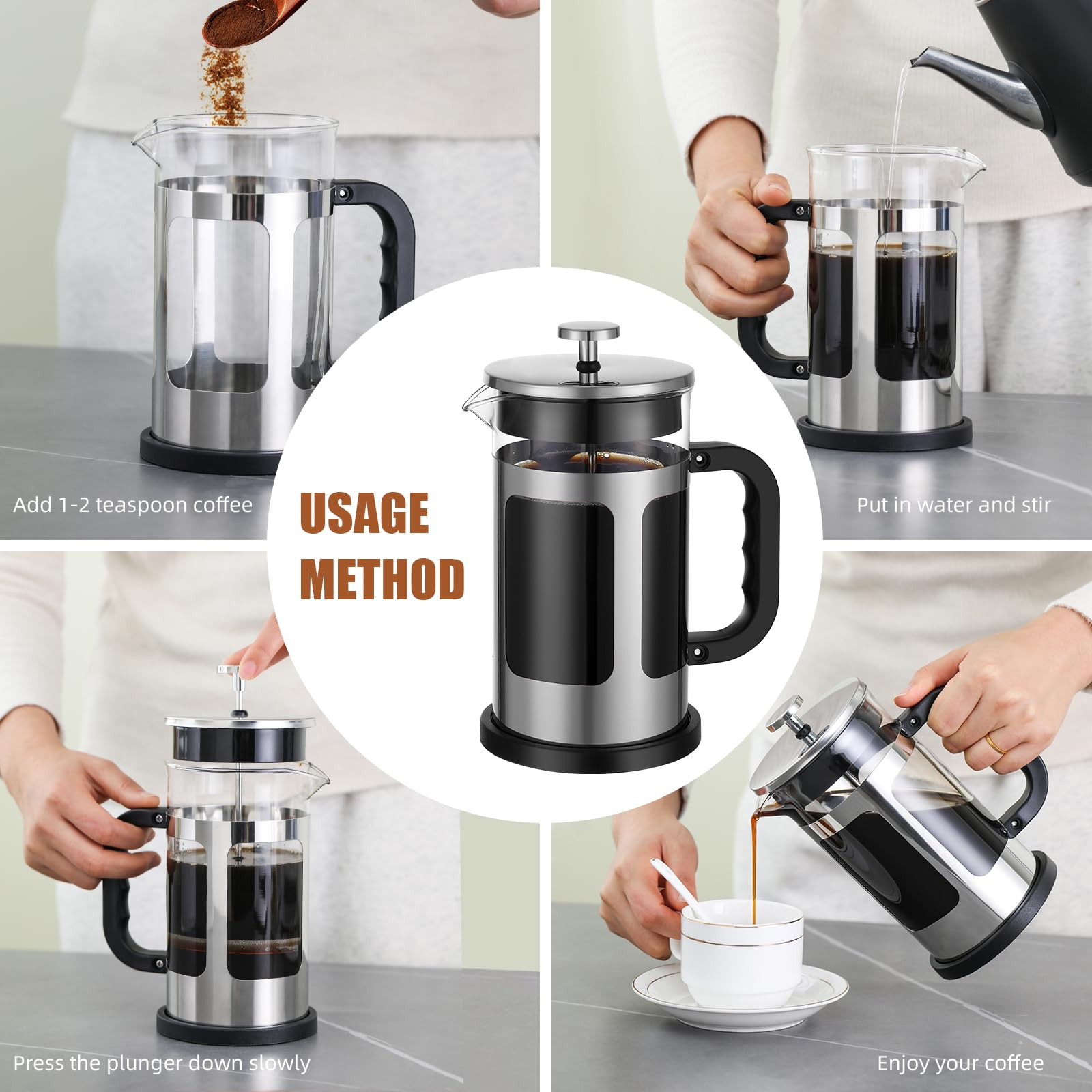 Dircolz French Press Coffee Maker -(21oz) 304 Stainless Steel with 4 Filters System, Heat Resistant Thickness Borosilicate French Press Glass, BPA-Free Brewed Tea Pot Coffee Plunger(Silvery)