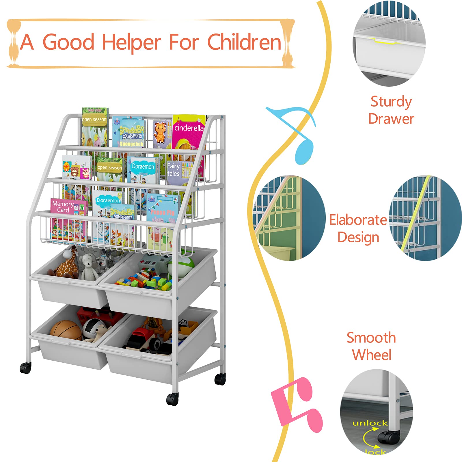 LINZINAR Bookshelf Iron Toy Organizer 3 Tier Mobile Bookrack 4 Plastic Toy Storage Boxes with Wheels—White…