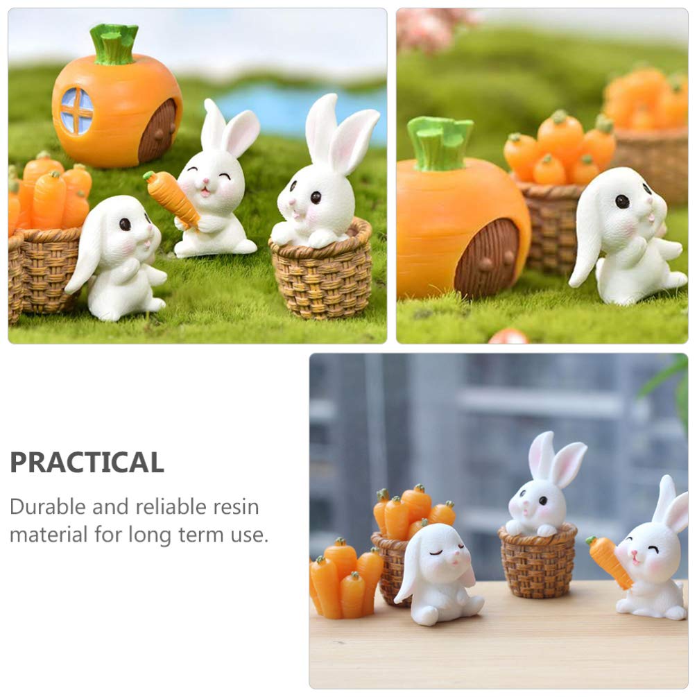 PRETYZOOM Easter Decoration Kit Bunny Miniature Straw Basket Carraot Figures Rabbit Bunny Fairy Garden Decor Dollhouse Ornament Micro Landscape Decor Cake Topper 7pcs