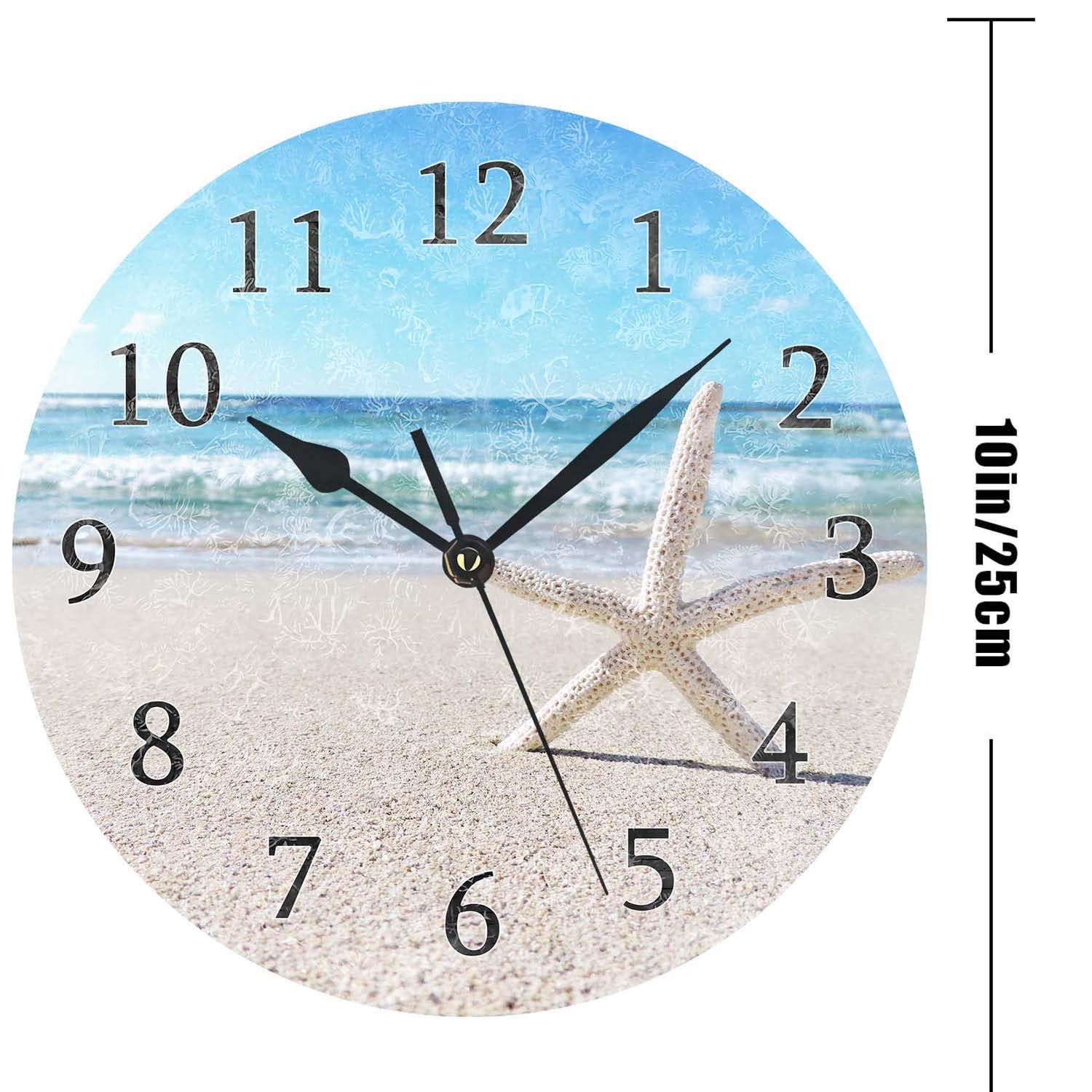 ATEDEANEI Wall Clock for Bathroom,Silent Battery Operated,Small Living Room,Kitchen,Bedroom Decor,10 Inch,Beach Sea Starfish