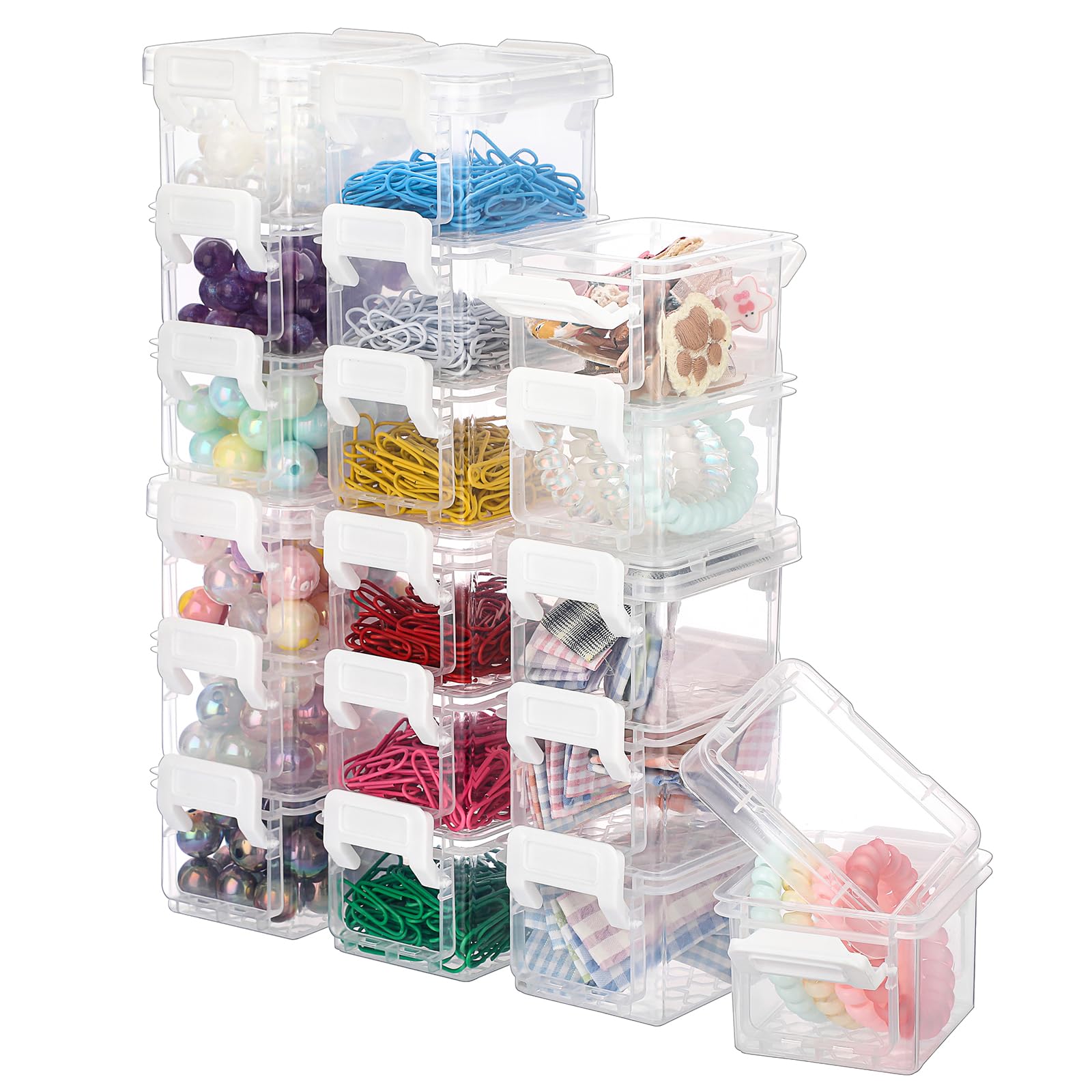 BTSKY 18 Packs Small Storage Containers with Lids, Stackable 0.14 QT Storage Bins Plastic Mini Latch Box-3 Pack Mini Boxes with 1 Lid,Clear Craft Organizer Box for Beads Jewelry Hair Accessory,White