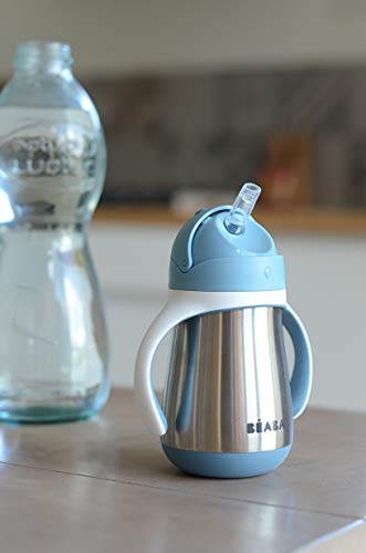 Beaba Stainless Steel Straw Sippy Cup, Sippy Cup with Removable Handles, Sippy Cup with Straw, 8+ months, 8.5 oz (Rain)