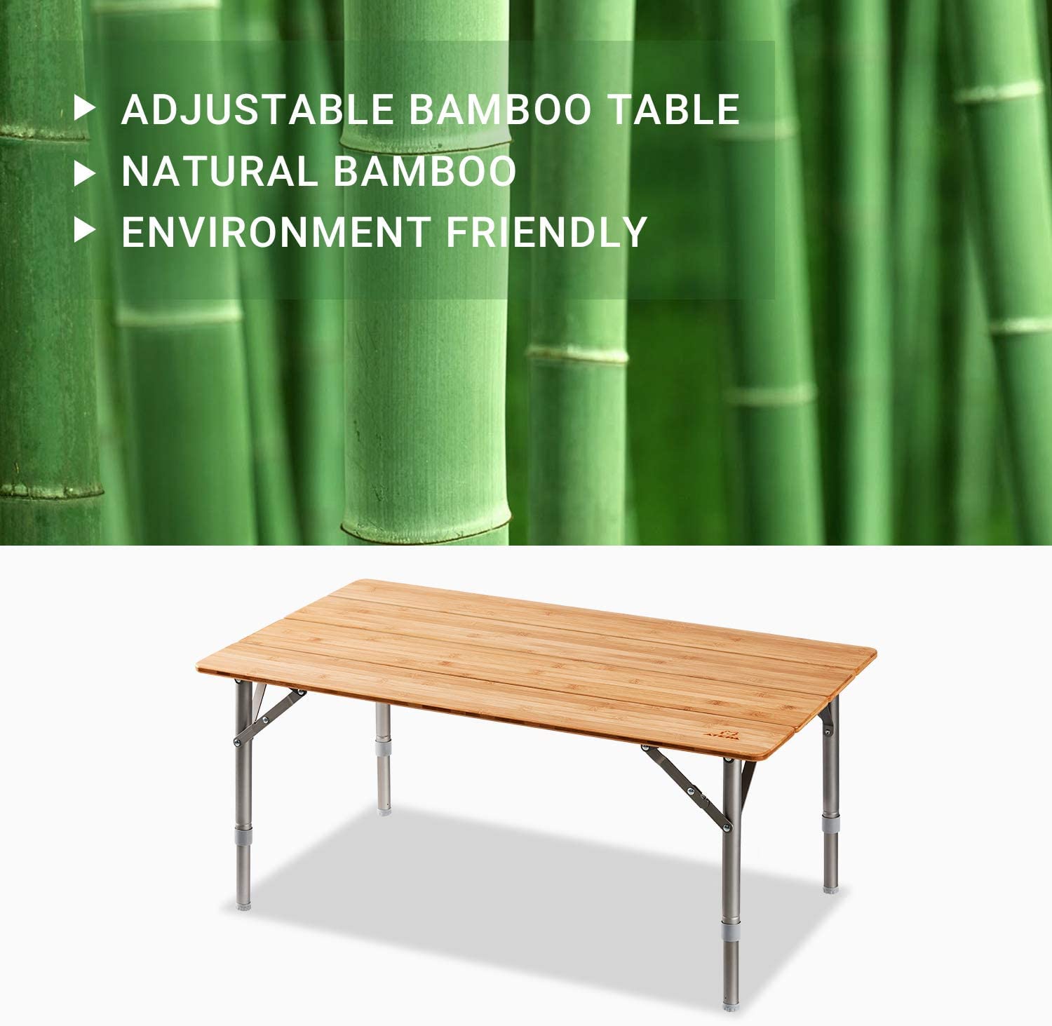 ATEPA Bamboo Folding Table Portable Camping Table with Carry Bag Heavy Duty Adjustable Height Bamboo Table, Easy to Carry and Clean, Great for Outdoor Picnic Beach Backyard, 31.5"(L) x 23.6"(W)