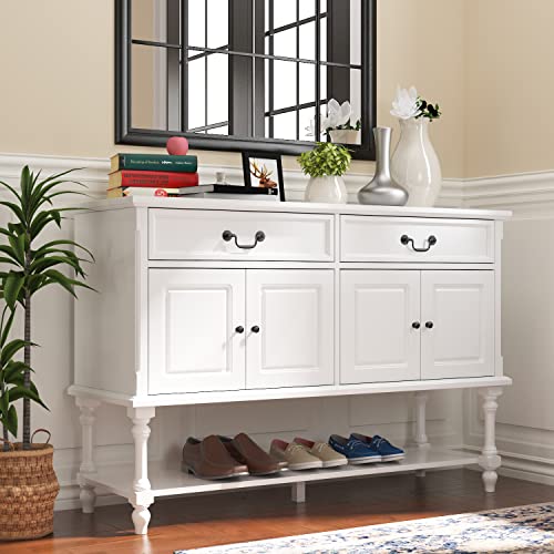 ECACAD Modern Sideboard Buffet Storage Cabinet with Drawers, Shelves & Carved Legs, Entryway Console Cabinet for Kitchen, Living Room, White (47.2”L x 15.7”W x 31.9”H)