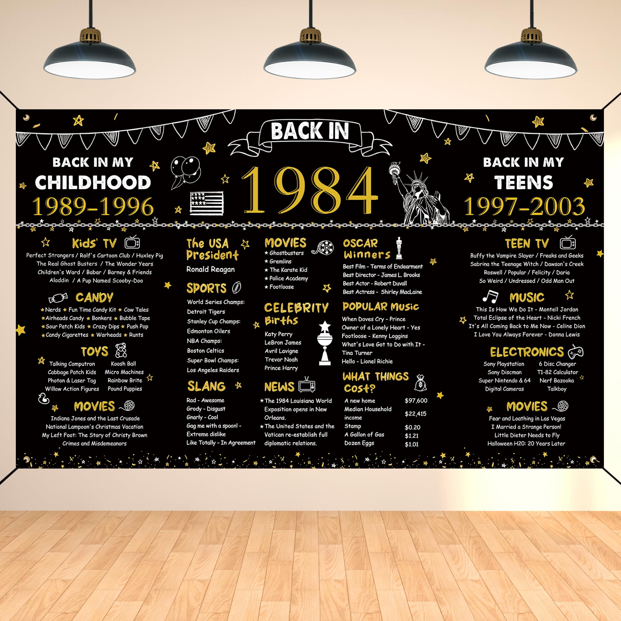 DARUNAXY 40th Birthday Black Gold Party Decoration, Back in 1984 Banner Cheers to 40 Years Old Birthday Party Poster Supplies, 6 * 3.6FT Vintage 1984 Backdrop Photography Background for Men and Women