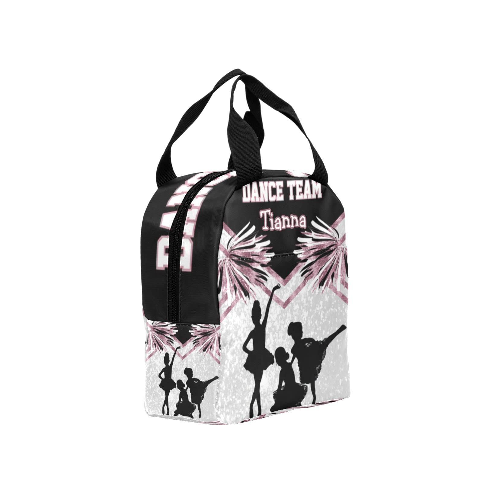 Cheerleader Dance Pink Girl Reusable Insulated Neoprene Lunch Tote Bag Cooler with 2 Pockets Custom Personalized Portable Lunchbox Handbag with Name for Gift