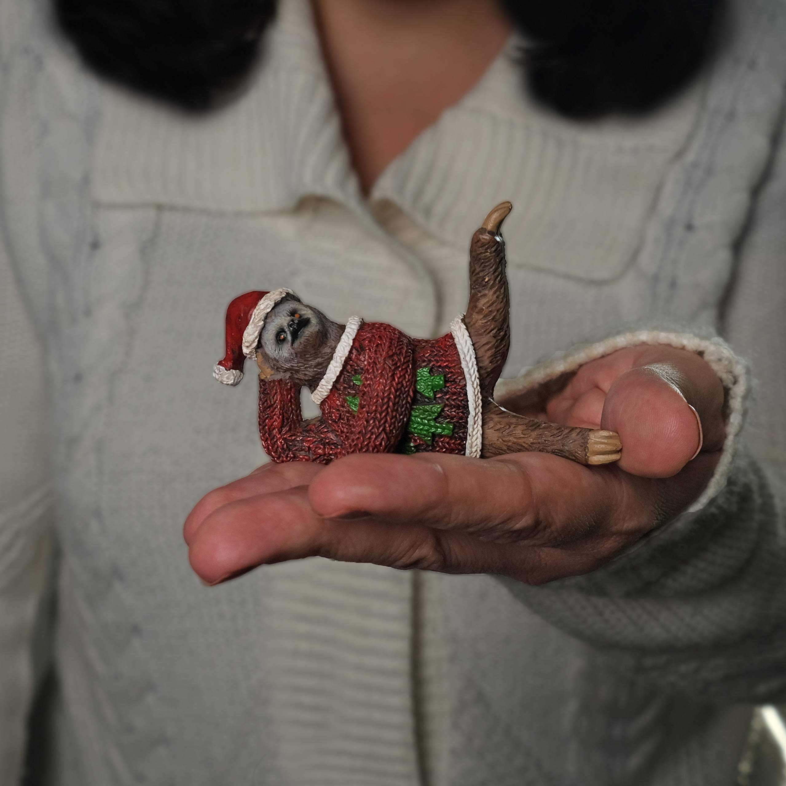 BELLA HAUS DESIGN Yoga Sloth Figurines in Ugly Christmas Sweaters 3" - Polyresin Mini Statue for X-mas Home Decoration, Secret Santa White Elephant Gift Exchange