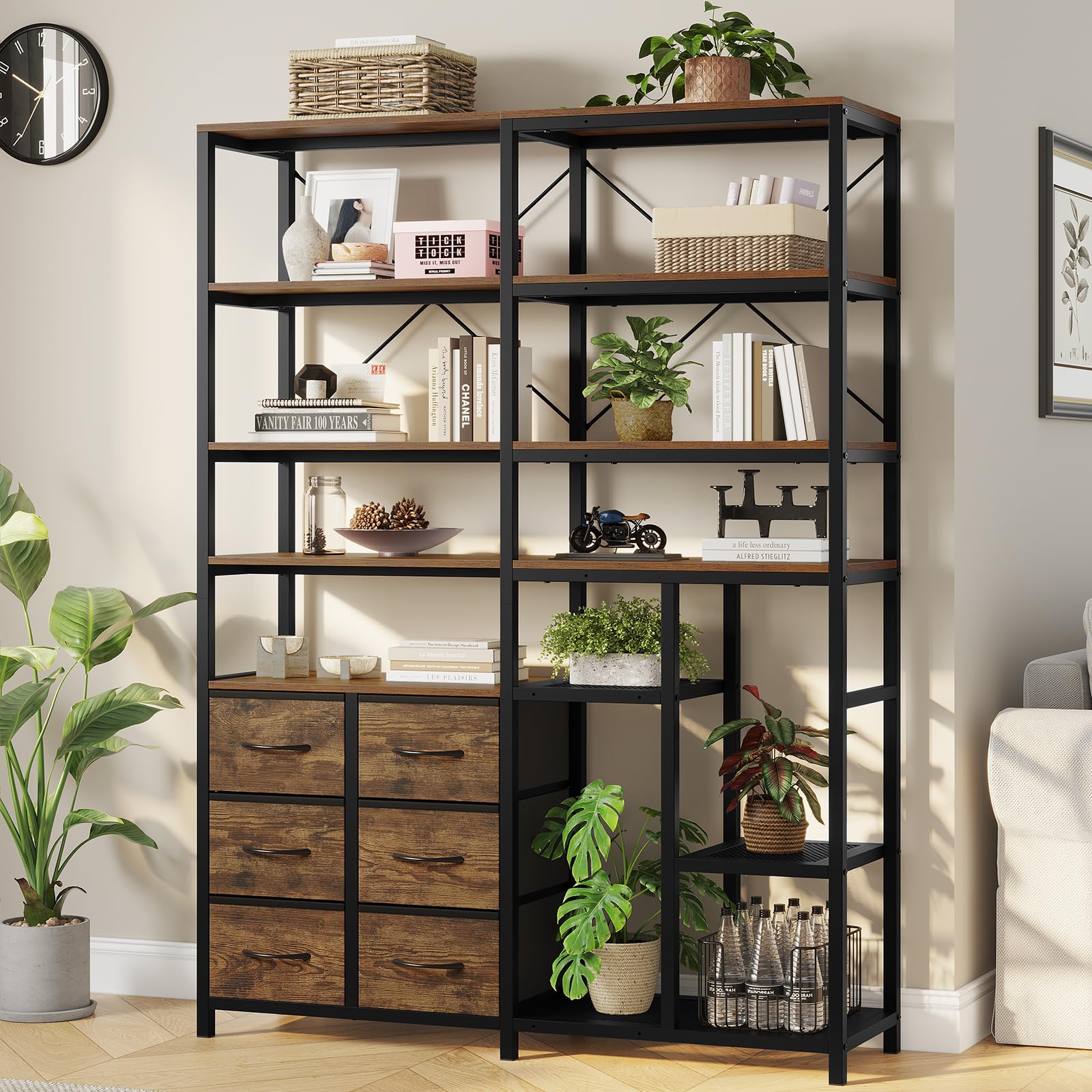 BTHFST Corner Bookshelf with 6 Fabric Drawers, Convertible Tall Bookcase 7 Tier, Industrial Book Shelf with Metal Frame, Wide Bookshelves for Living Room Home Office, Rustic Brown & Black