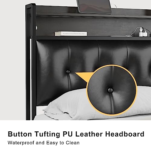 HAUSOURCE Full Bed Frame with Storage Headboard & Footboard Upholstered Platform Bed with LED Lights USB Ports & Outlets No Box Spring Needed