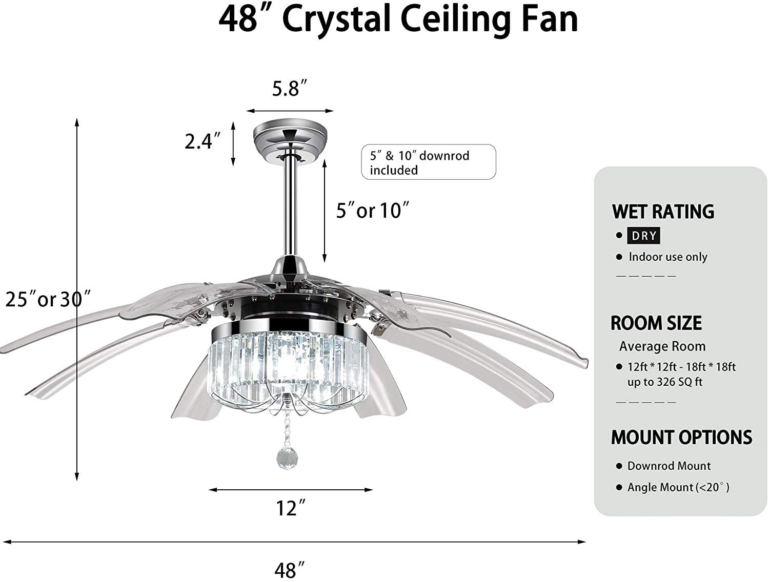 AWEHIRU 48inch Modern Crystal Ceiling Fan Indoor with Lights, Remote Control Fandelier, Retractable Ceiling Fan and Light Bedroom Dining Room Light Ceiling Fan Chandelier Light Fxitures