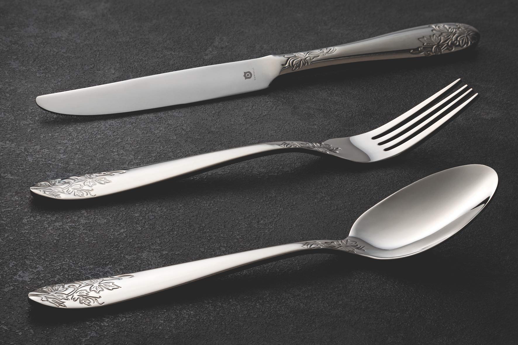 DANIALLI Modern Silverware Set - 18/10 Stainless Steel Flatware Set for Elegant Dining - Dishwasher Safe Cutlery Set (Imperial 40-Piece, Floral)