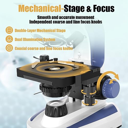EDKKIE 40X-2500X Lab Compound Trinocular Microscope Built-in 5MP Camera with 7ββ Screen, Wide-Field 10X and 25X Eyepieces, Dual Illumination System, Double Layer Mechanical Stage