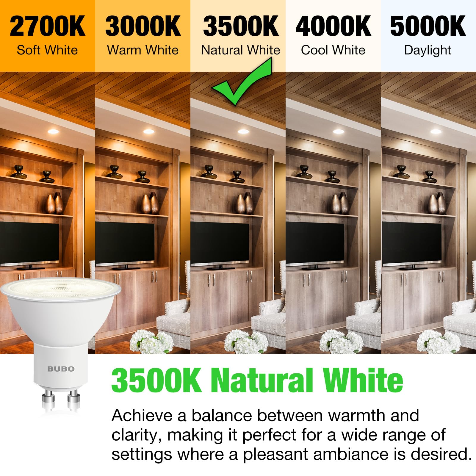 BUBO GU10 LED Bulb 6W Equivalent 50W, 3500K Natural White 650 Lumens, Non-Dimmable GU10 Bulb Replacement for Track Lighting, MR16 LED Bulb for Kitchen, Range Hood, Living Room, Bedroom, 4 Pack