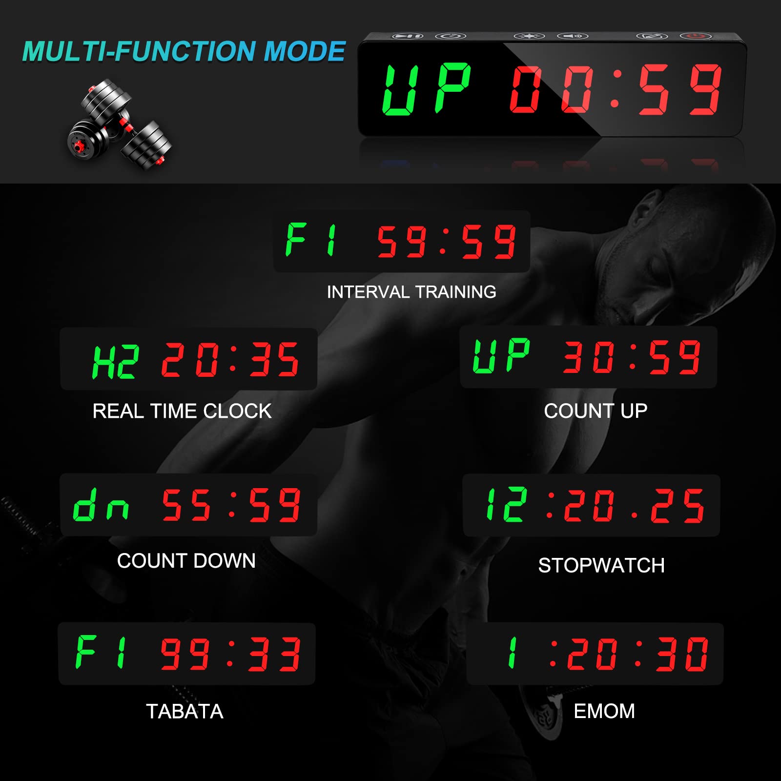 Jhering Portable Gym Timer, Workout Clock with Rechargeable Battery and Built-in Magnet, Stopwatch Countdown/Up for Home Gym Garage Fitness, Interval Training, EMOM, Tabata, Boxing (Black)