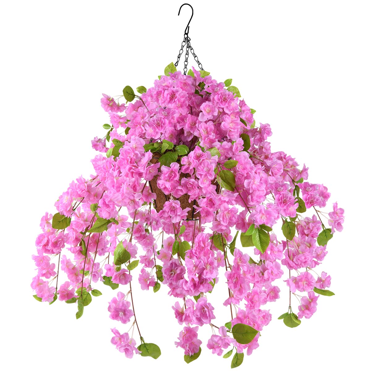 Homsunny Artificial Hanging Flowers Basket,4pcs Peach Blossom Silk Vine Flowers for Outdoor/Indoor,Ivy Basket Artificial Hanging Plant for Patio Lawn Garden Decor (Purple)