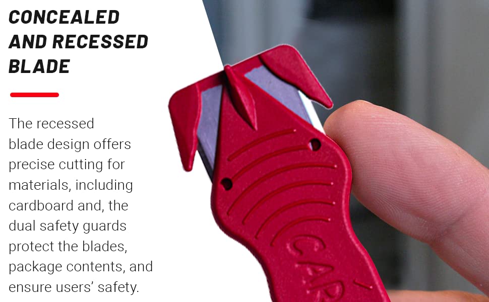 Cardinal Safety Box Cutter with Concealed Stainless Steel Blade, Package Opener Plastic Cutter for Box, Carton, Shrink Wrap, Plastic Straps (Red, Pack of 5)
