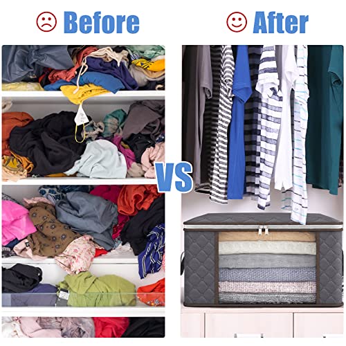 Fixwal 6 Pack Clothes Storage Organizers Foldable Clothing Storage Bags with Reinforced Handles Sturdy Zippers Storage Containers for Organizing Blanket Bedroom Closet Dorm Sweater, 60L, Gray