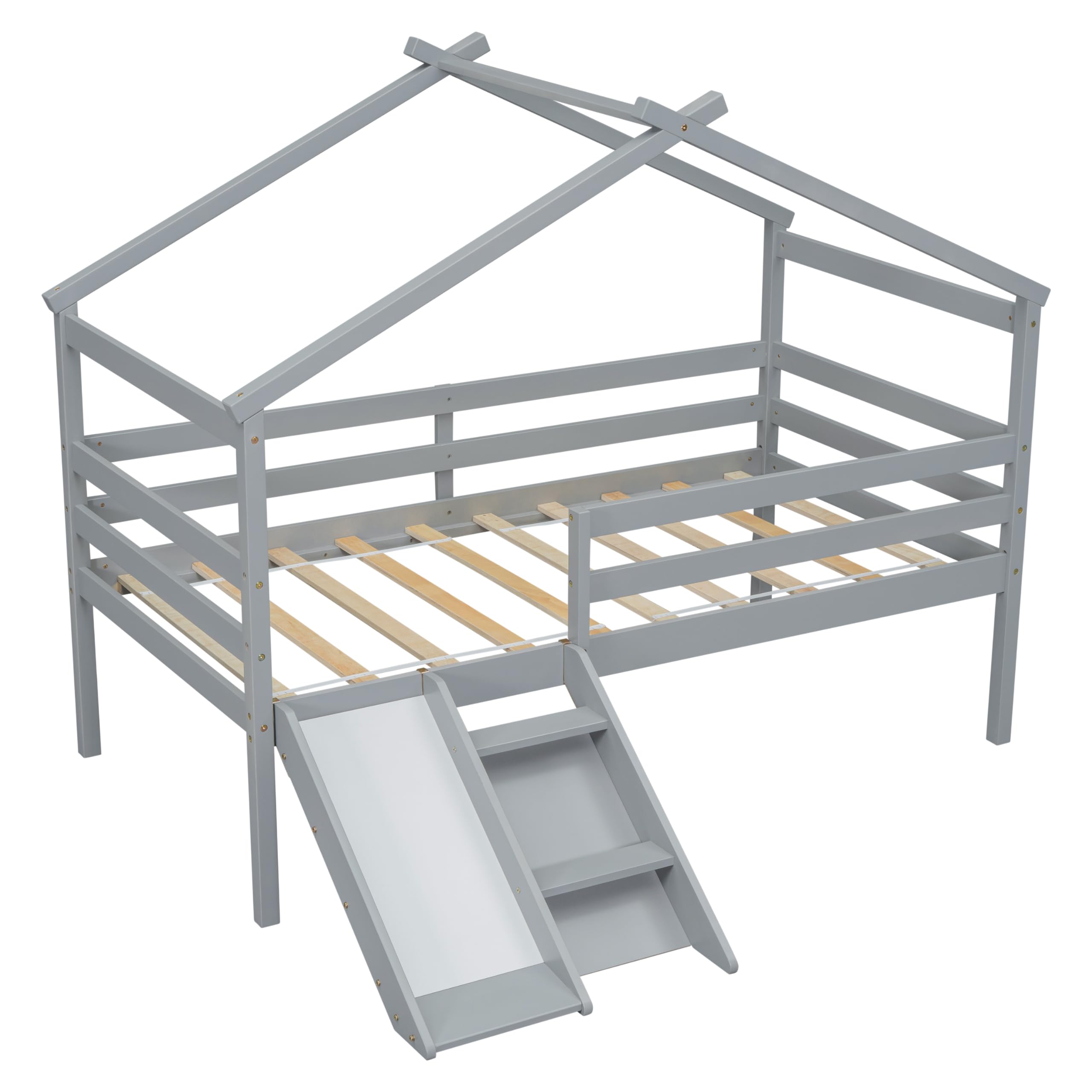 Bellemave Twin Size Kids Low Loft Bed,House Loft Bed with Slide and Ladder,Solid Wood Low Loft Bed with Safety Guardrails for Girls Boys,Grey