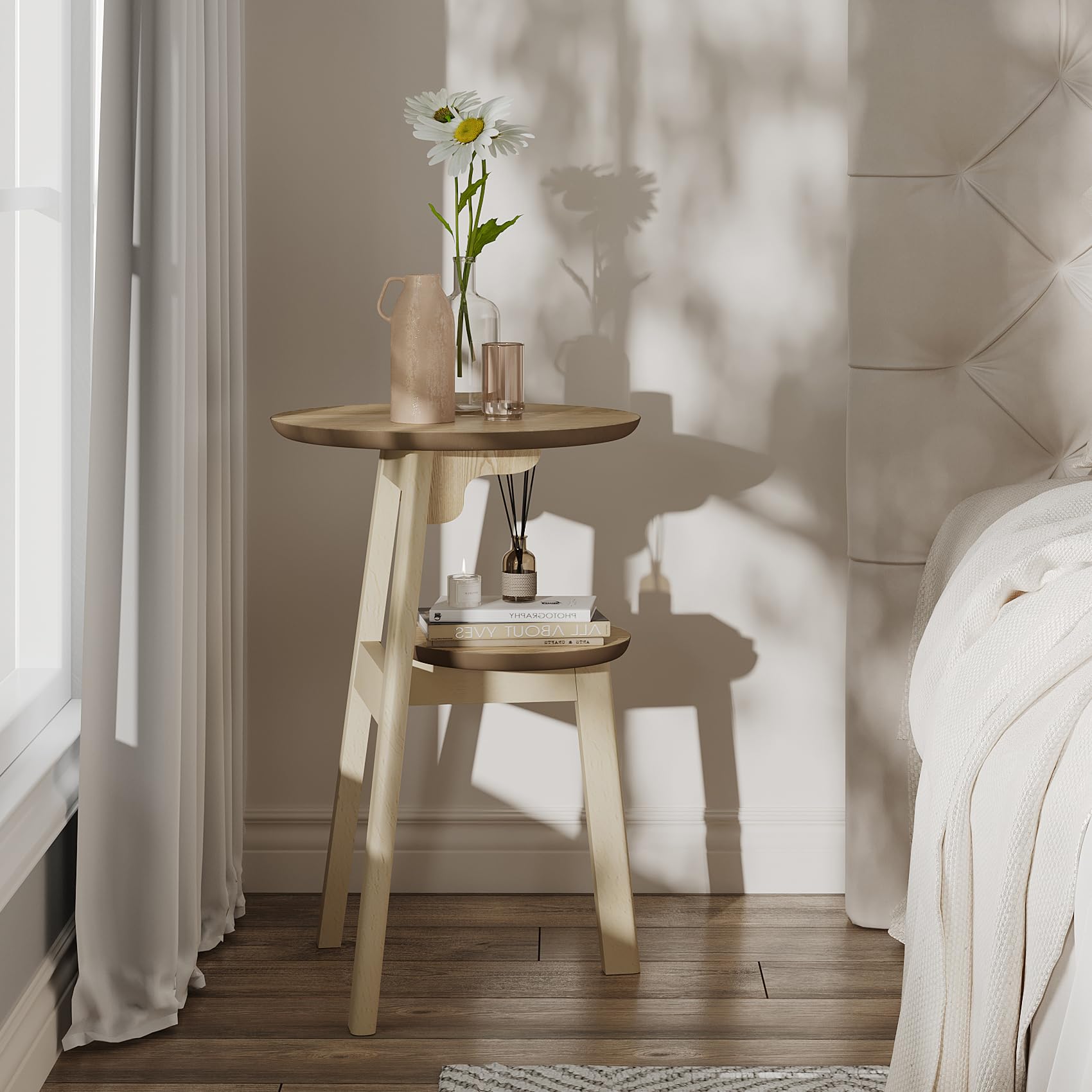 ChooChoo Round End Table Set of 2, Narrow Side Table for Small Spaces, Accent Table Night Stand with 2 Tier Shelf for Bedroom and Living Room, Natural