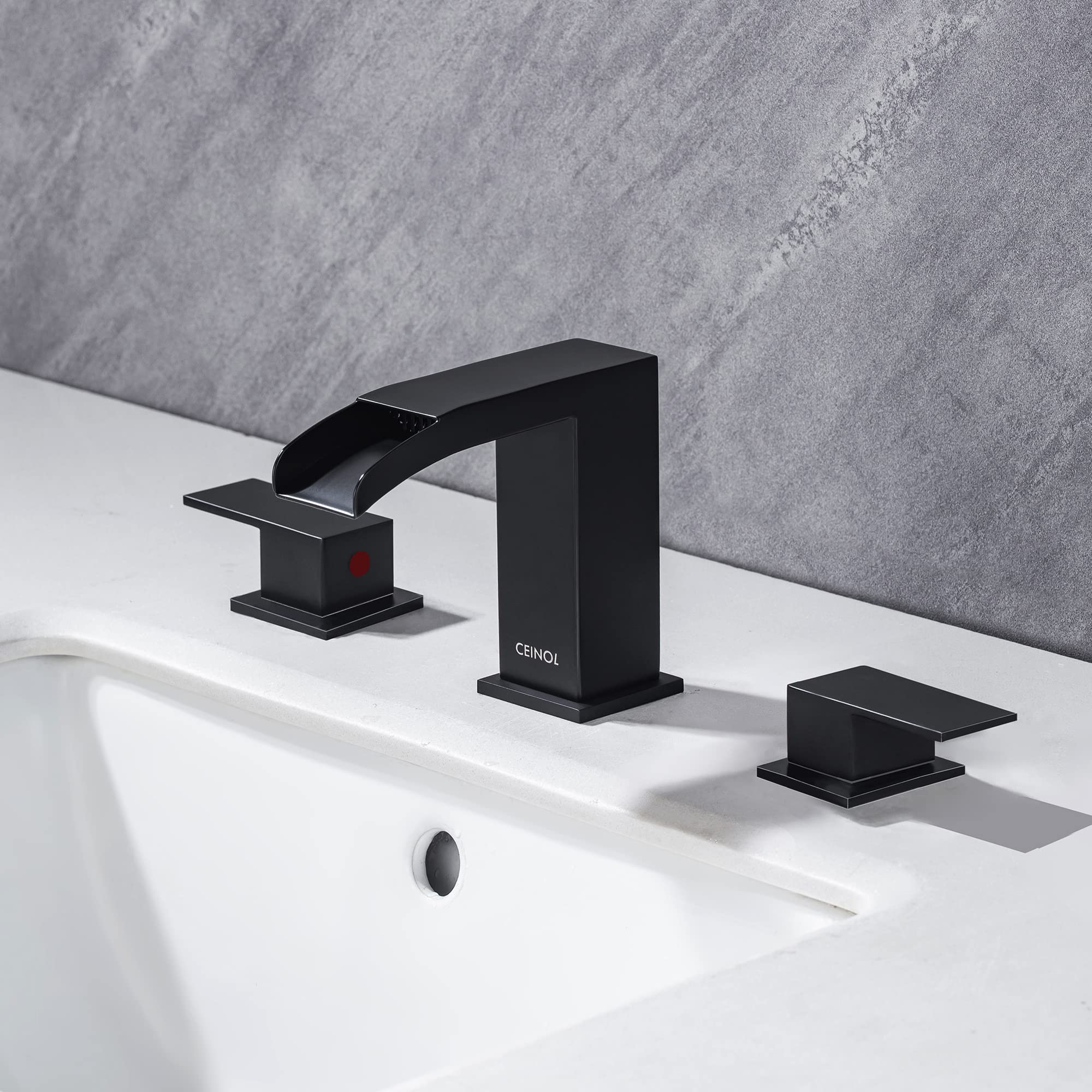 CEINOL Waterfall Bathroom Faucet Matte Black, Bathroom Sink Faucet 3 Hole, Widespread Bathroom Faucet Set with Pop Up Drain and Hose