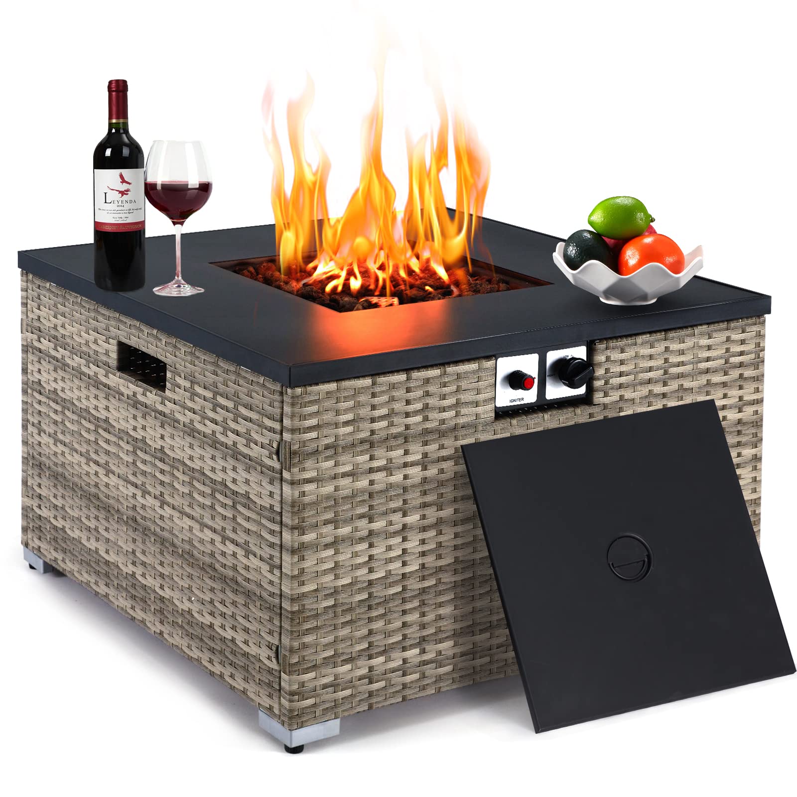 AVAWING 32in Square Fire Pit Table,40,000BTUs Wicker Propane Gas Firepit Table 2 in 1 Fireplace Table Outdoor Fire Tables for Outside Patio Backyard W/Lid and Lava Stone, Grey