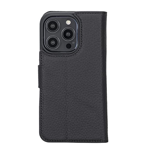 HARDISTON Premium iPhone 14 Pro Max Bi-Fold Wallet Case, MagSafe Compatible Handmade Genuine Leather Detachable Magnetic Flip Cover with Card Holders Customizable Double Fold Phone Case (Black)