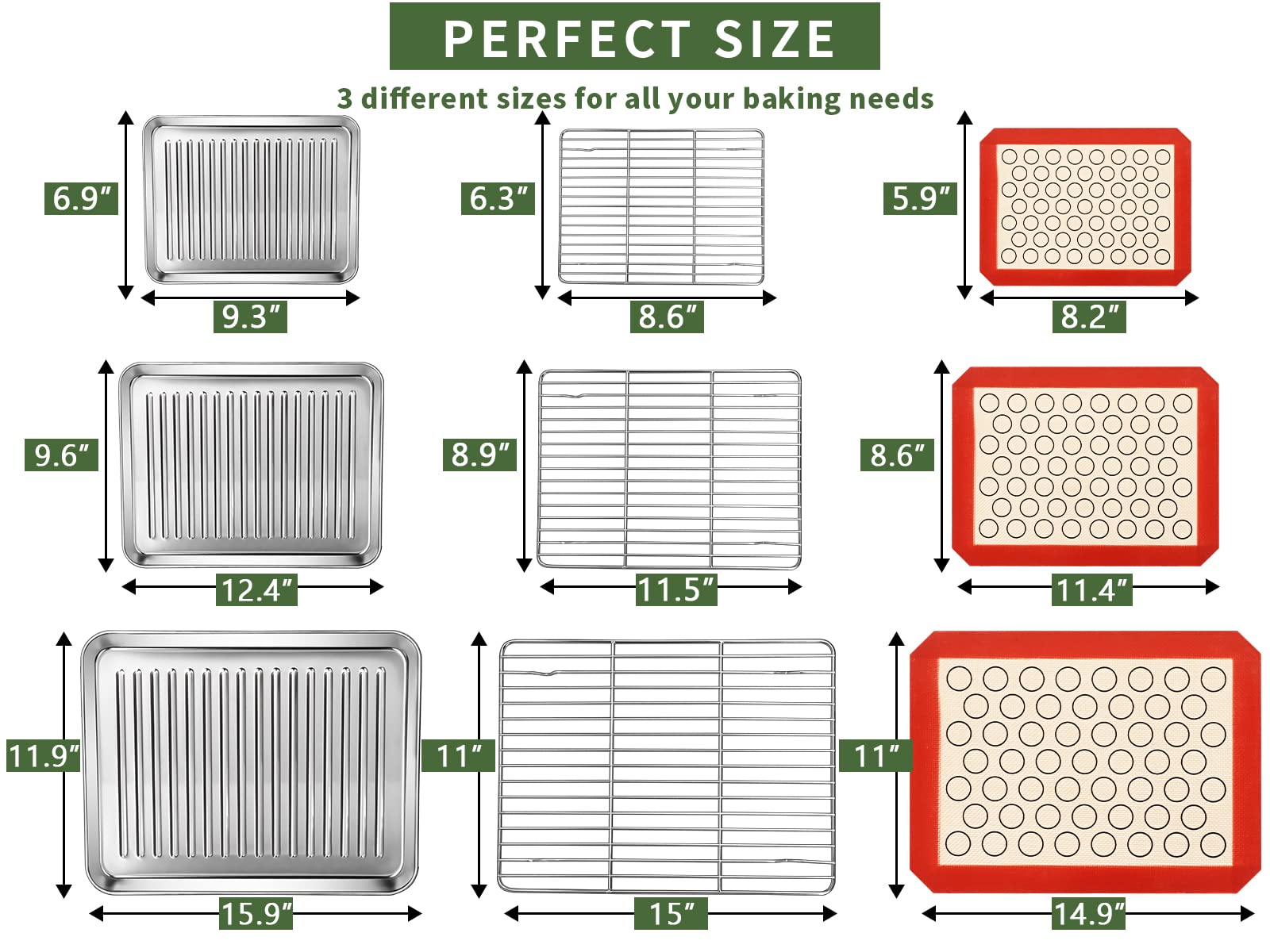 CEKEE Baking Sheet with Rack Set of 9 (3 Cookie Sheets + 3 Baking Racks + 3 Mats), Stainless Steel Baking Sheet Cooling Rack with Baking Mat Set, Baking Pans Set - Heavy Duty & Dishwasher Safe
