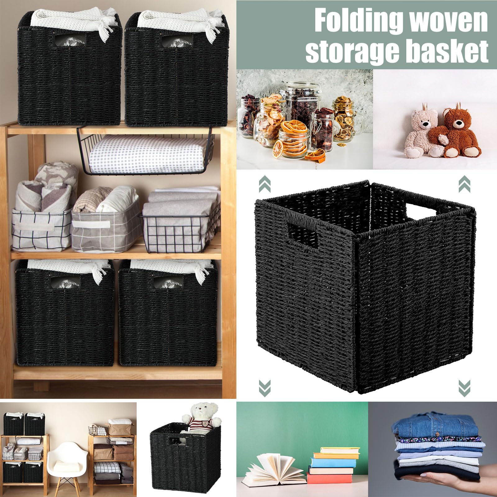 Bucherry 6 Pcs 11.8 x 11.8 x 11.8 Inch Wicker Storage Basket Cubes Large Handwoven Foldable Storage bins for Shelves Woven Storage Baskets for Pantry Laundry Bedroom Living Room (Black)
