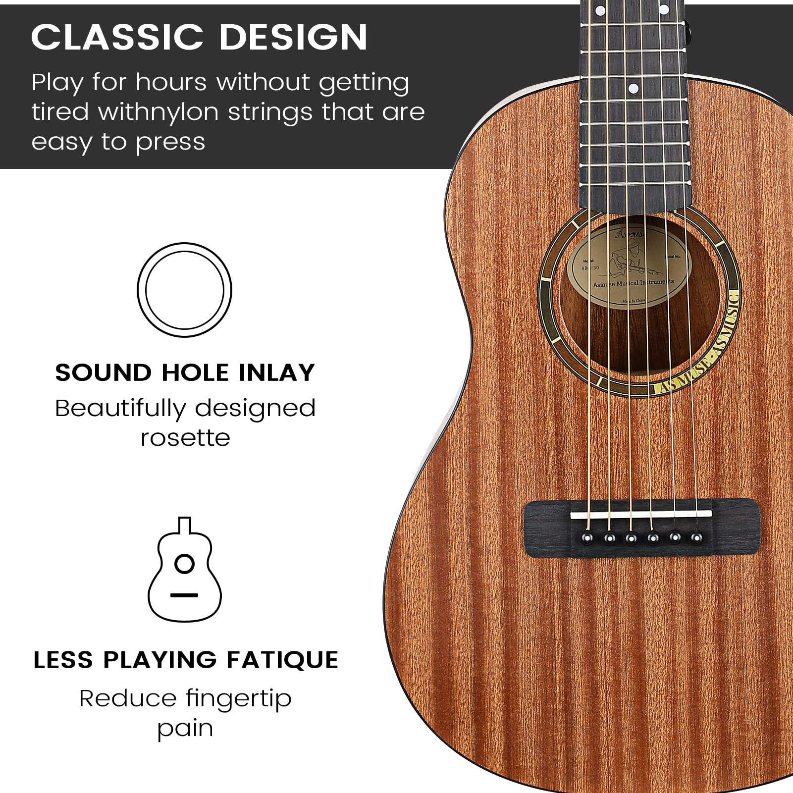 Asmuse 30" Acoustic Guitar, Soild Wood Beginner Guitar Kit with Gig Bag, Extra Strings, Strap, Picks (Natural)