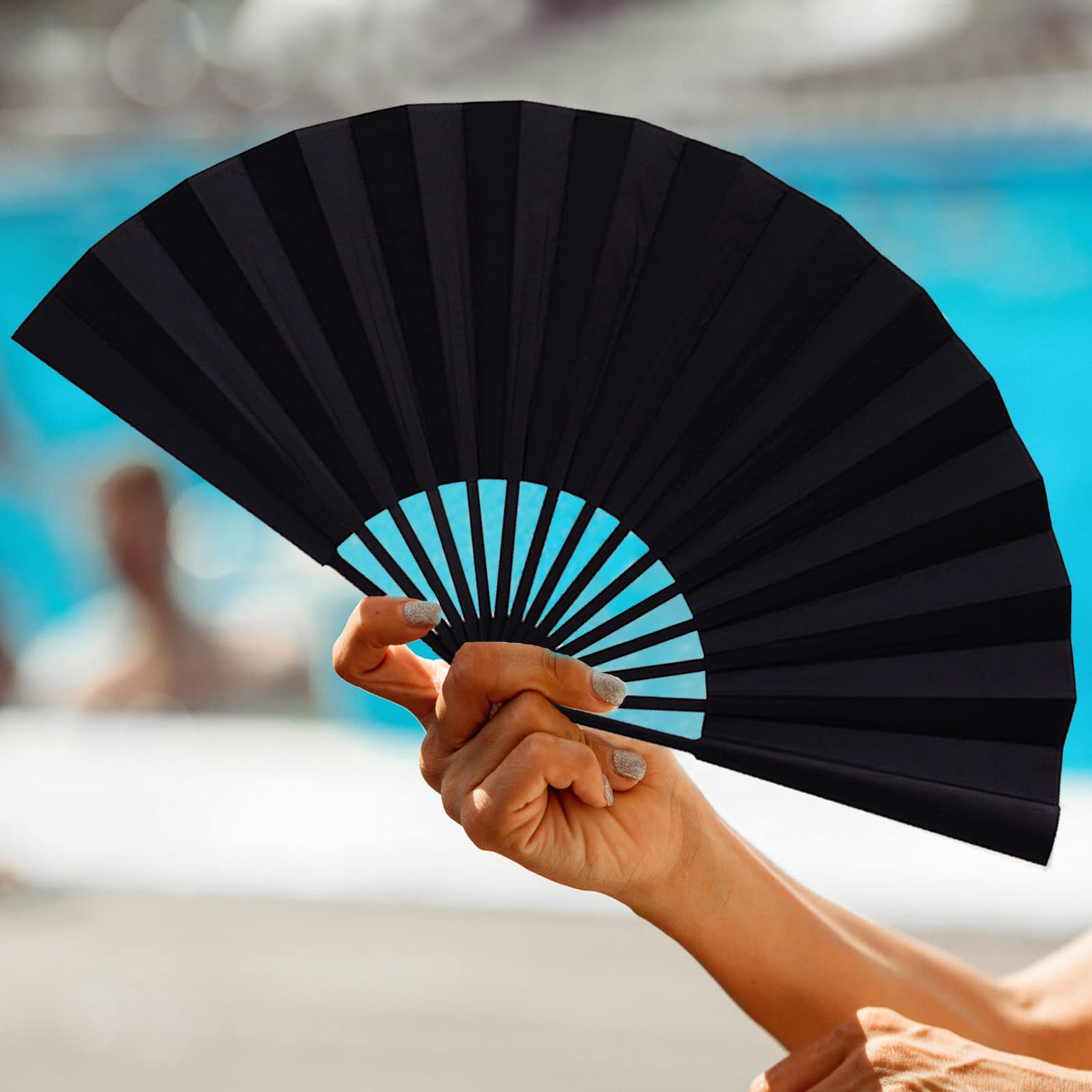 Black Handheld Folding Fan, 10in Cloth & Wooden Handle - Elegant Chinese Foldable Fans for Women for Festival, Decoration & Performance, Durable & Stylish