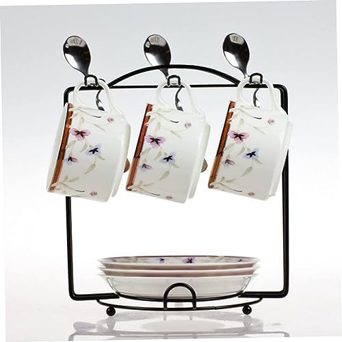 BUJIATANG 2 in 1 Tea Cup Holder Stand with Saucer Holder Stainless Steel Mug Tree Rack for 6 Mugs Metal Wire Coffee Cup Rack for Kitchen Black