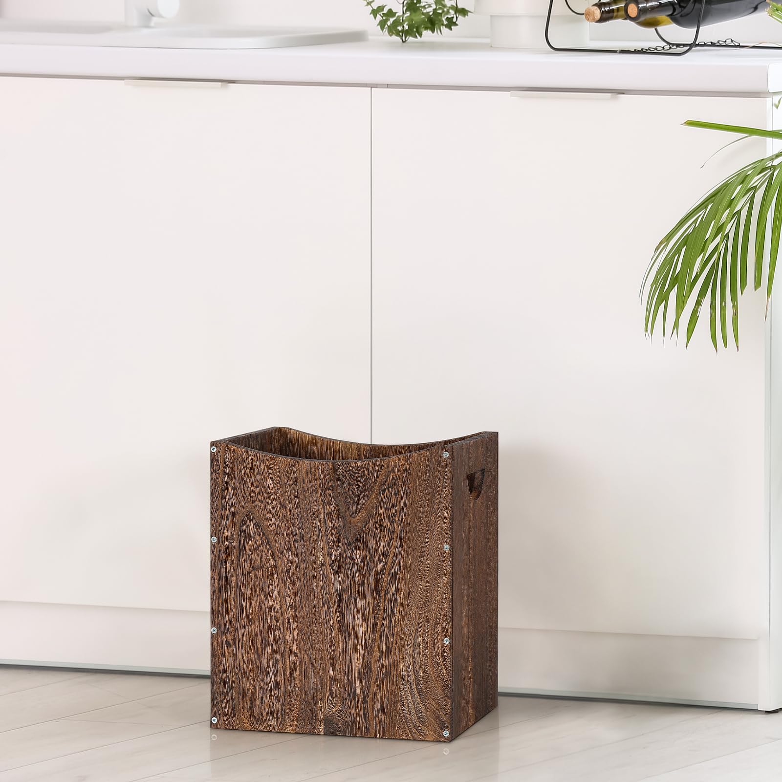 BTY Wood Trash Can 5 Gallon Farmhouse Wastebasket with Handles Rectangular Garbage Bin Small Waste Basket for Office, Kitchen, Living Room, Bathroom, Rustic Brown