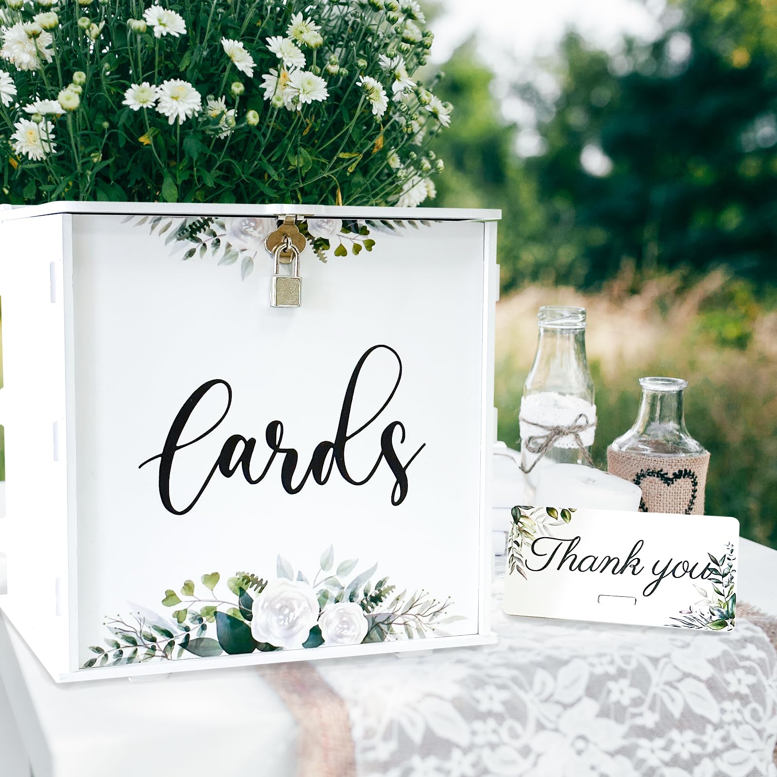 CYAOOI White Wedding Card Box with Lock, PVC Party Card Box for Wedding Reception, Floral Wedding Money Envelope Gift Card Holder Box for Graduation Birthday Baby Shower Decorations