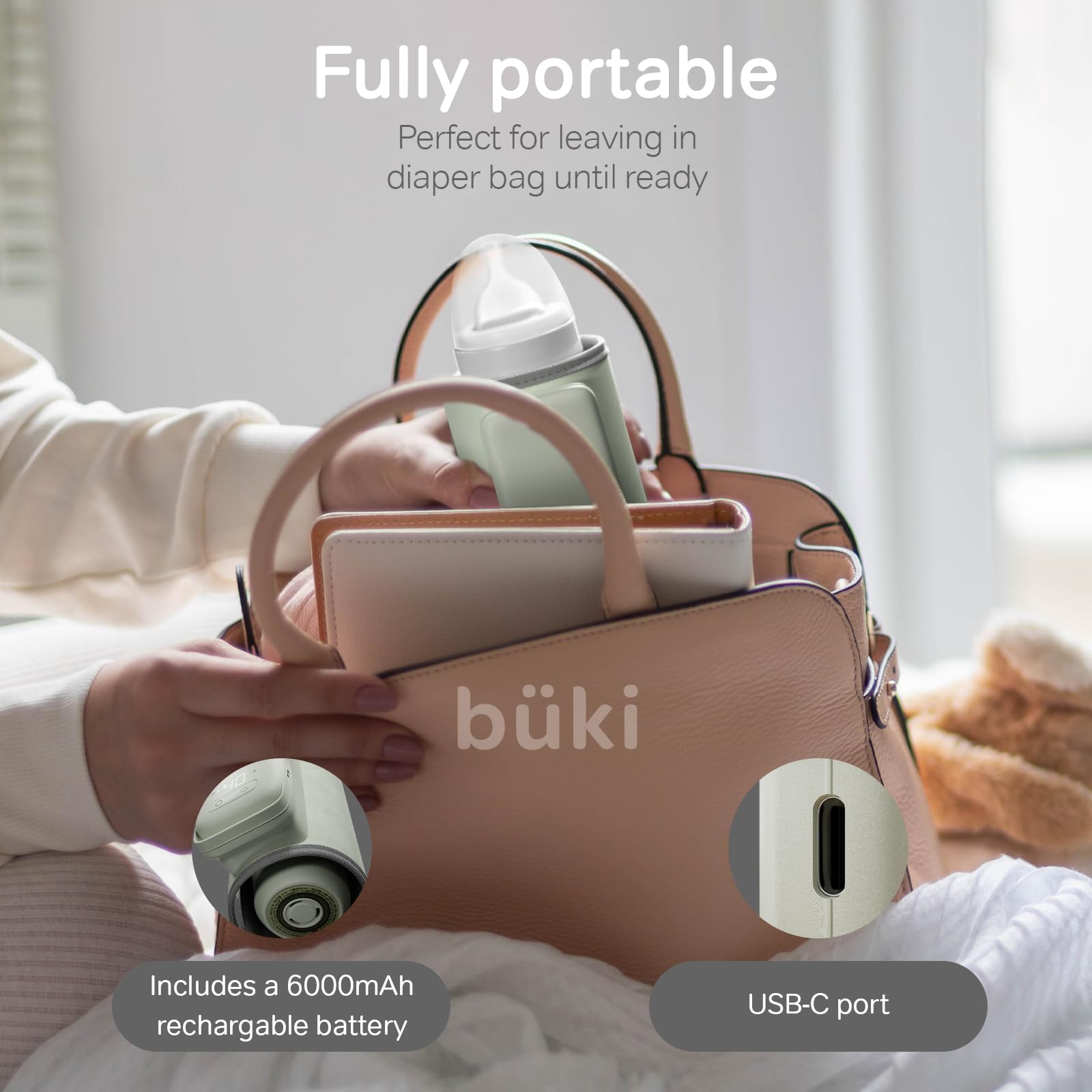 Büki Portable Bottle Warmer for Breastmilk or Baby Formula - Fast Heating + Leak-Proof + Adjustable Travel Warmer with Battery-Powered Temperature Display, Flashlight - 6000MAH Rechargeable Battery