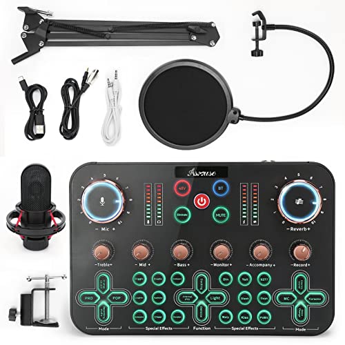 Asmuse Condenser Microphone Bundle Live Sound Card Set K20, Adjustable Streaming Microphone Stand and Metal Shock Mount and Pop Filter