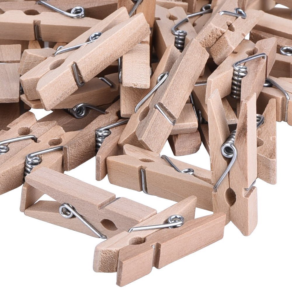 BronaGrand 50pcs Mini Wooden Utility Paper Clip, Clothespins Clip, Clothes Line Clips with 300 Feet Natural Twine