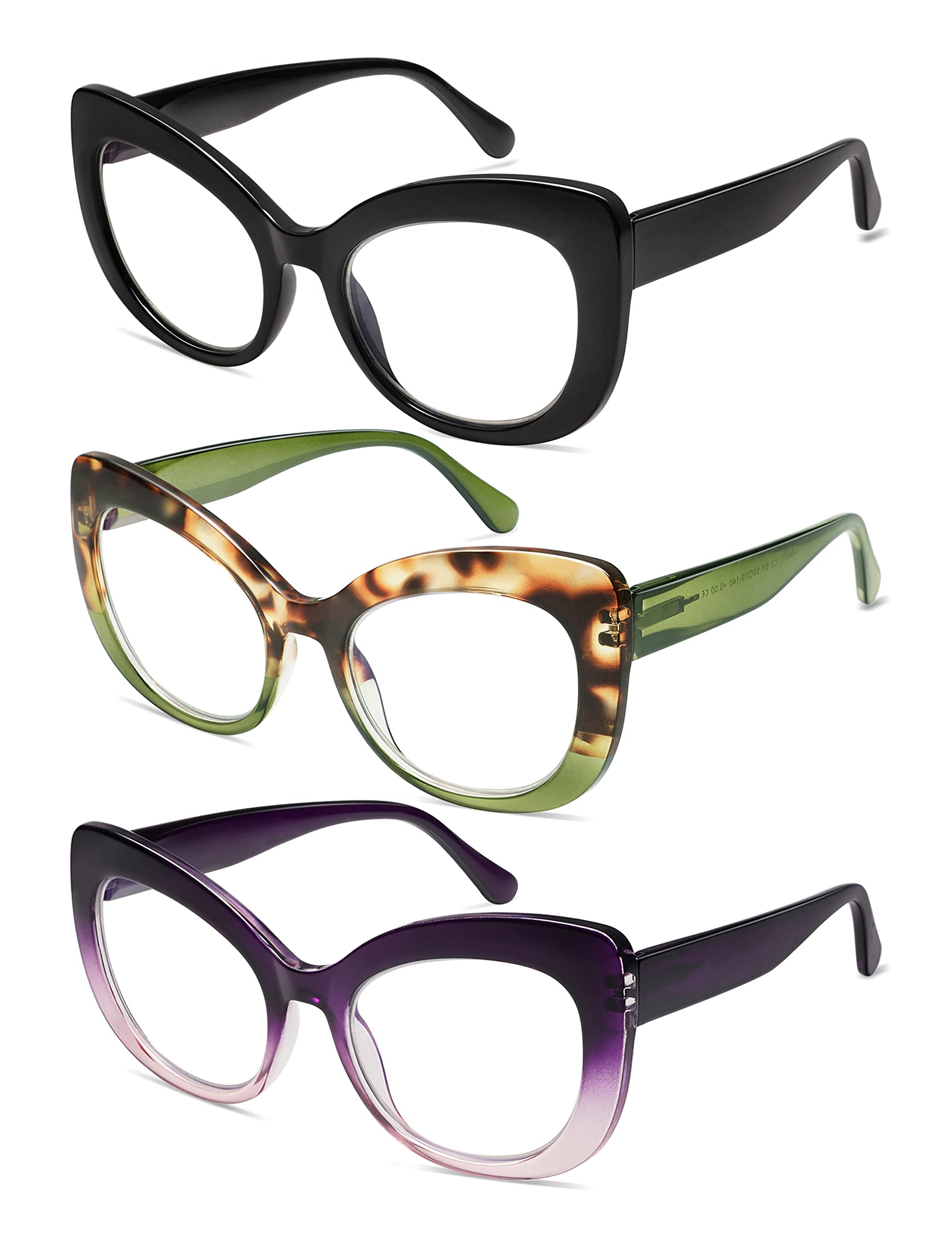 AMOMOMA 3 Pack Stylish Oversized Cat Eye Reading Glasses for Women Fashion Readers Blue Light Square Computer Glases AM6077 C1+C2+C3 1.5
