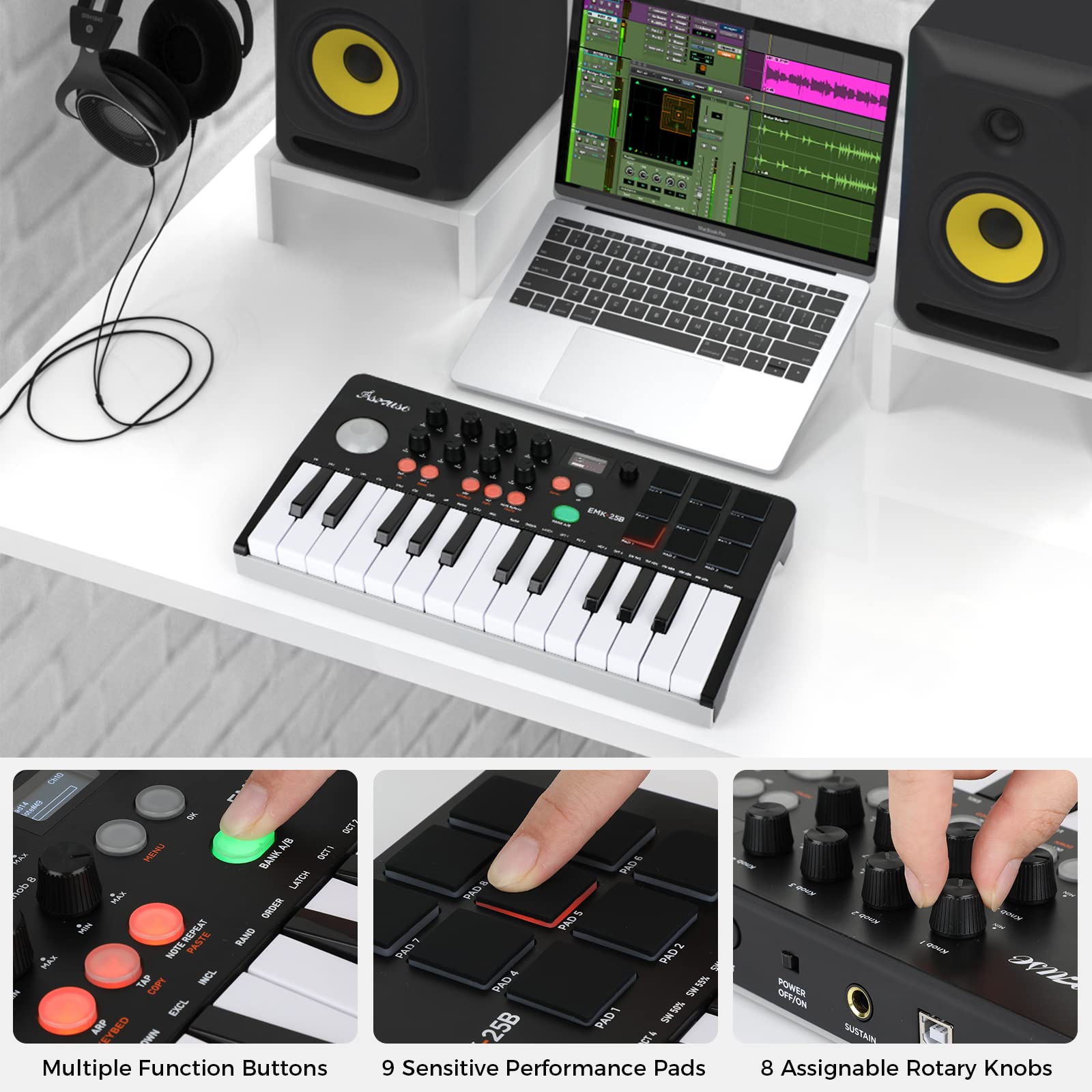 Asmuse EMK-25 Portable MIDI Keyboard, Bluetooth MIDI Keyboard Controller with 9 Backlit Drum Pads, 8 Knobs for Mobile Music Production