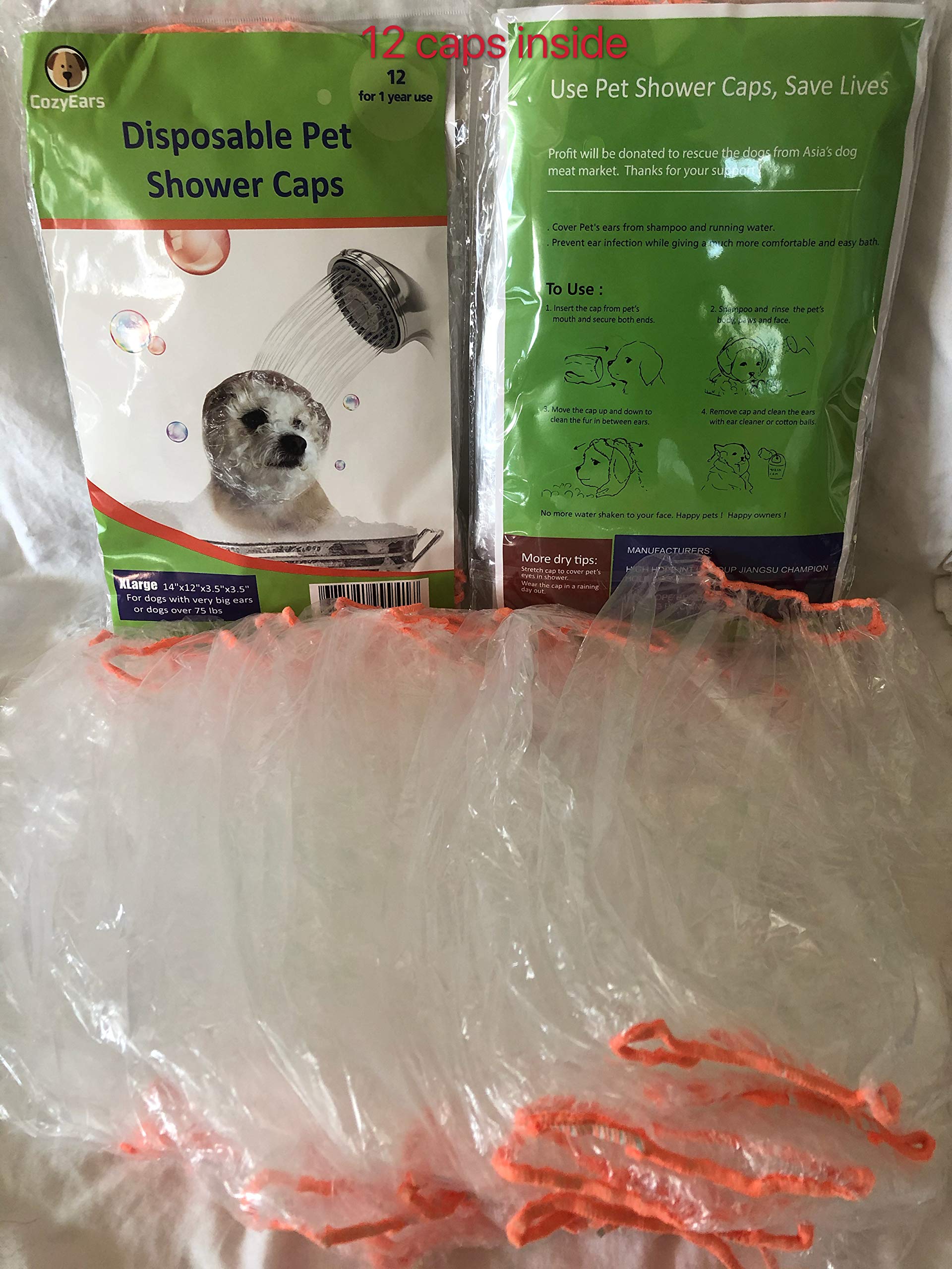 Disposable Pet Shower Caps, Ear Infection Prevention, Ears Drops Guard, Surgical Area Cover, Overhanging Ears Protection for Dogs, Cats in Bath, Rain, Water, 12 Caps/Pack (XLarge)