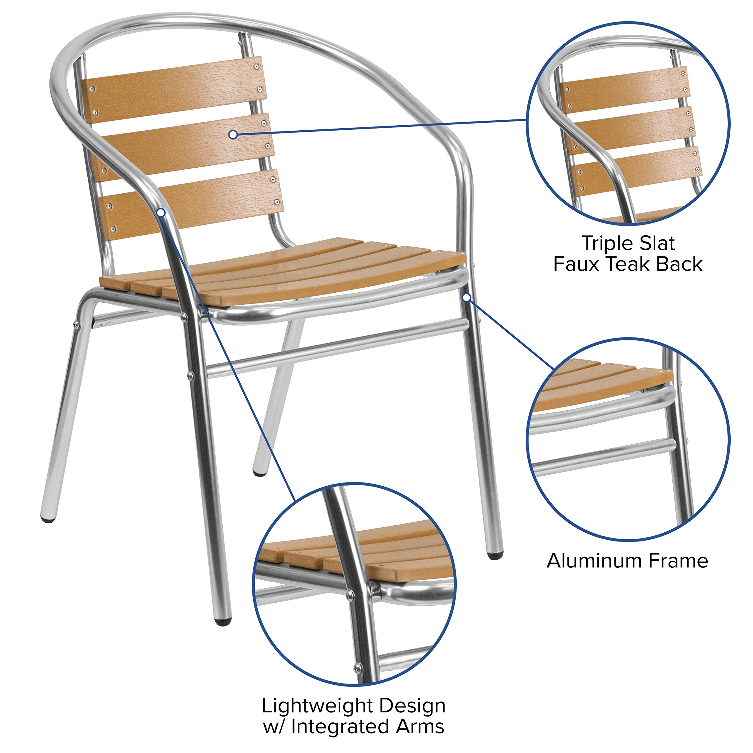 EMMA + OLIVER Aluminum Indoor-Outdoor Stack Chair w/Triple Slat Faux Teak Back