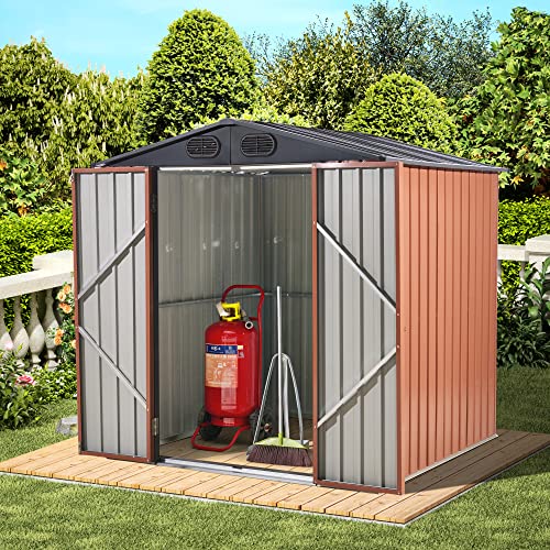 JAORD 8 x 6 FT Storage Shed, Outdoor Galvanized Steel Shed, Outside Garden Tool Storage House with Lockable Door for Patio, Backyard, Lawn Mower, Dark Brown…