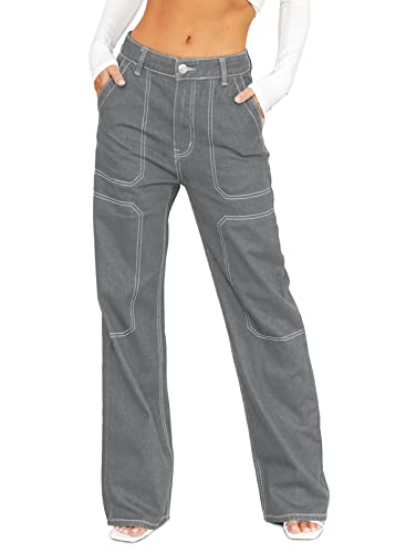 Dokotoo Wide Leg Jeans for Women Casual High Waisted Cargo Jeans Denim Pants Gray Size 12
