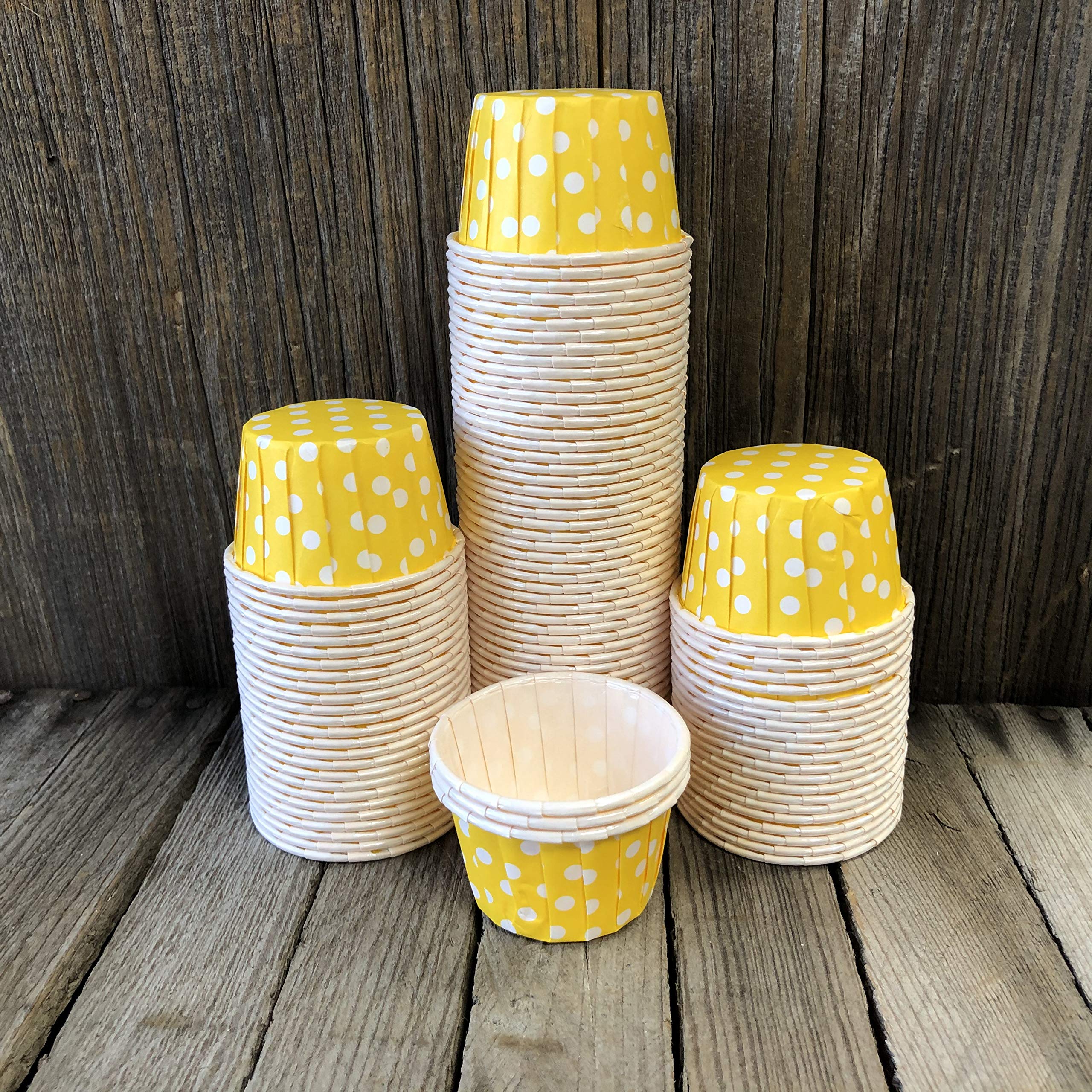 Bulk MINI Candy Nut Paper Cups - Mini Baking Liners - Yellow White Polka Dot - 100 Pack
